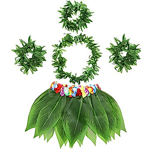 5 Pieces Tropical Fern Leaf Lei Party Accessory Artificial Leaves Garland Necklace Headband Wristband Skirt for Hawaiian Costumes Halloween Luau Party Supplies