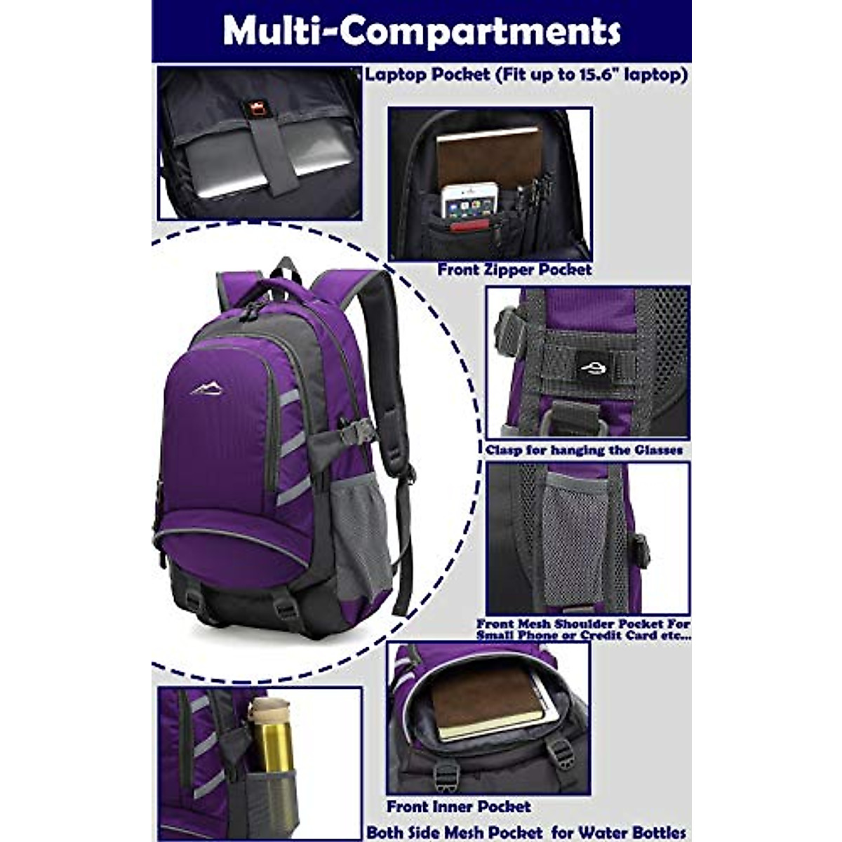ProEtrade Backpack Daypack for College Laptop Travel, Computer Bookbag Bag with USB Charging Port Anti Theft Laptop Compartment Fits 15.6 Inch Notebook, Gifts for Men & Women (Purple)