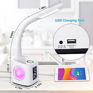 Study LED Desk Lamp with USB Charging Port, Kids Dimmable LED Table Lamp with Clock and Pen Holder, Home Office, College Student Dormitory, Reading Eye Protection Desk Lamp, Color Night Light,10W