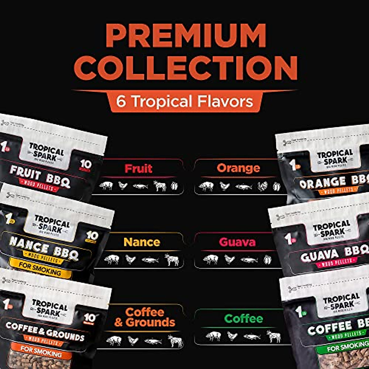 Tropical Spark - Wood Pellets, Aromatic Smoker Pellets, Wood Pellets for Smoker, Assorted Costa Rican BBQ Pellets, Grill Pellets for Smoking, Grilling, Baking, Roasting, & Braising, 6 Pack