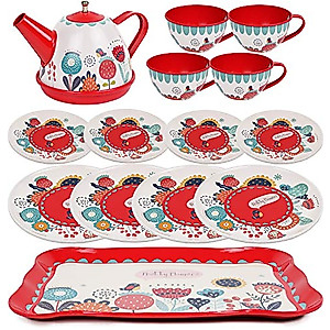 Tea Set for Little Girls, Pretend Play Tea Party Set, Floral Design Kids Tin Tea Set with Carrying Case (15 Pcs)