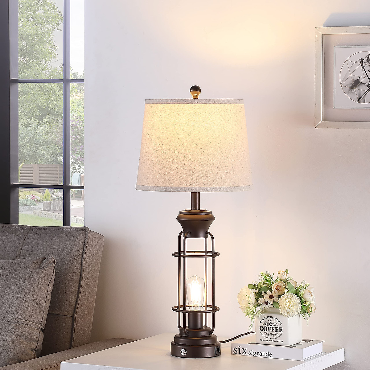 Table Lamp for Living Roon Set of 2, 29.3" Tall Farmhouse Table Lamp with 2 Nightlight Bulbs, Oil Rubbed Bronze Bedside Lamp with White Oatmeal Lampshade for Living Room Bedroom, Bulbs Included