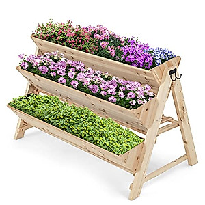 Safstar 3-Tier Vertical Garden Bed, Wooden Elevated Planter Bed with Legs, Storage Shelf, 2 Hooks, Raised Bed Kit for Flower Vegetable Herb, Outdoor Plant Box Stand for Yard Garden Balcony Planter