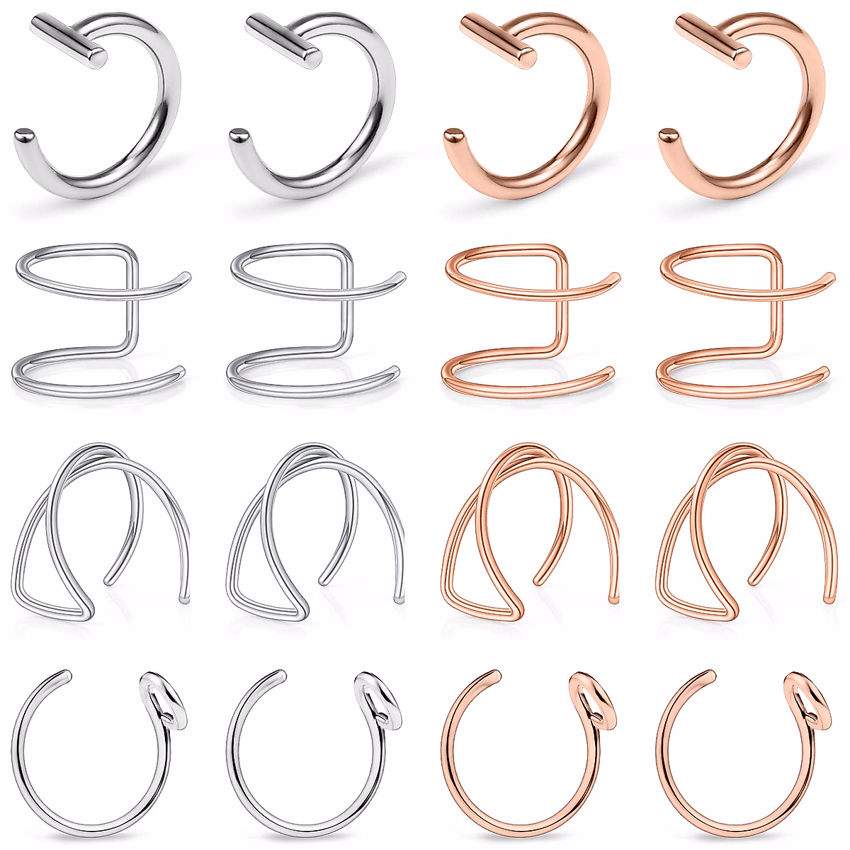 Ftovosyo Fake Lip Rings T Shaped Stainless Steel Gothic Clip on Non Piercing Nose Ring Double Cartilage Helix Earrings Ear Cuff for Women Men Silver-Tone Rose Gold