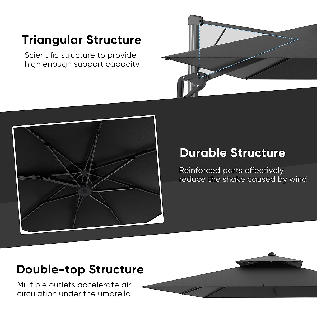 Nalupatio Patio umbrella 10FT Outdoor Square Umbrella Large Cantilever Umbrella 360°Rotation Hanging Double Top Offset for Garden Deck Pool Patio (Grey)