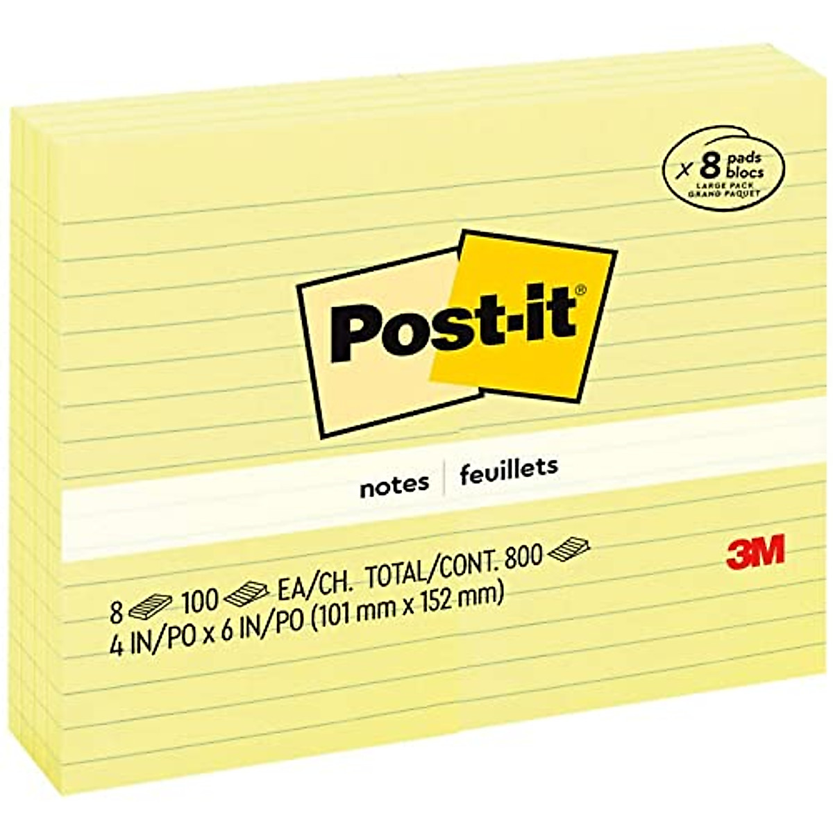 Post it® Notes, 4" x 6", Lined, Canary Yellow, Pack Of 8 Pads