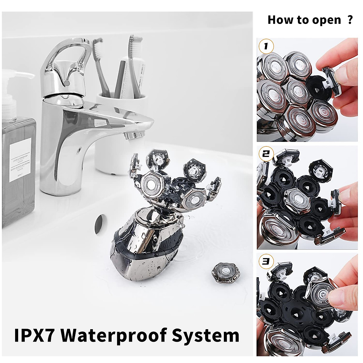 7D Electric Head Shaver for Bald Men, 5 in 1 Electric Rotary Razor Wet and Dry, Grooming Cordless Electric Shavers USB Rechargeable Waterproof, 7D Floating Balding Trimmer with LED Display (Black)