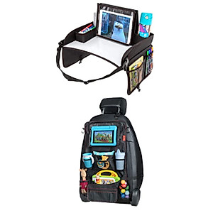Lusso Gear Kids Travel Tray (Black) + Heavy Duty Car Seat Organizer (Black), Extra Large for Protection, Sag Proof & Reinforced Corners, Protects iPad & Backseat, 12 Versatile Car Seat Organizer Stora