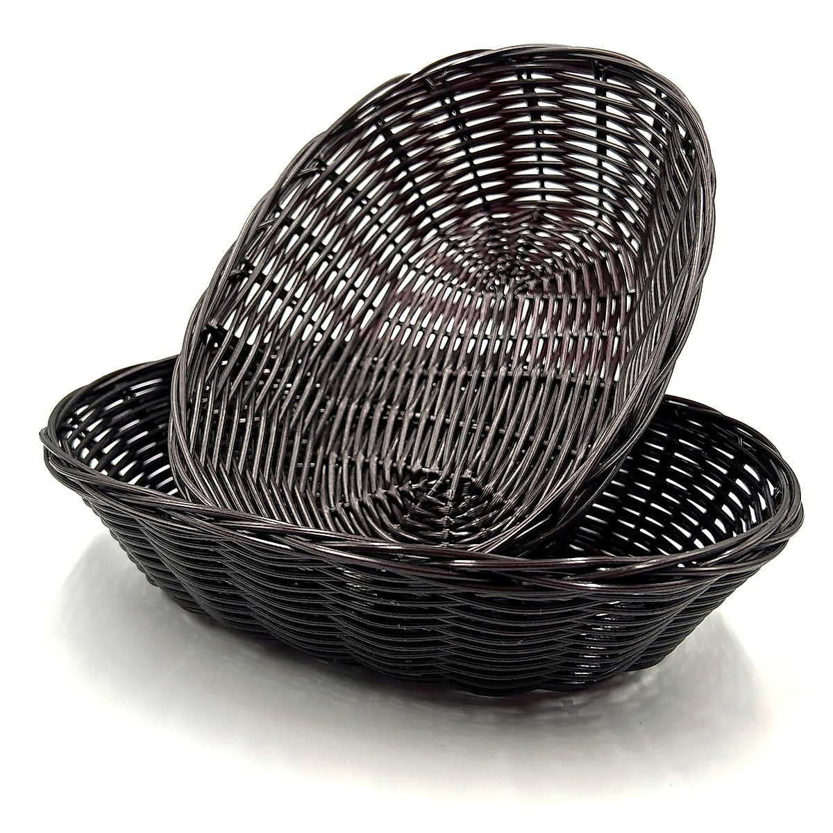 Cheardia 12 Pack Plastic Oval Basket, 8.6 X 6.3 X 2.1 Inch Woven Bread Baskets for Serving Small Empty Gift Baskets, Imitation Rattan Basket for Kitchen Restaurant Centerpiece Display - Dark Brown