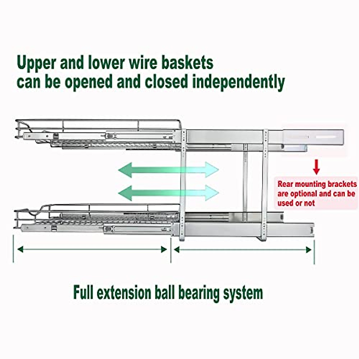 DINDON 2 Tier Pull Out Cabinet Organizer (20" W X 21" D), Double Tier Wire Basket Slide Out Shelf Storage for Kitchen Base Cabinet Organization ​for Kitchen, Pantry, Bathroom, Chrome
