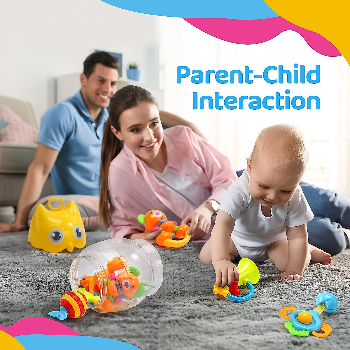 CUTE STONE Baby Rattles Toys Set, Babies Teethers Toys for Baby 3-12 Months, Early Development Learning Toy with Grasp, Spin Rattle Set and Storage Box, Newborn Infant Birthday Gifts for Girls & Boys