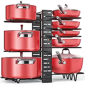 MUDEELA Pots and Pans Organizer for Cabinet 8-Tier Pan Organizer Rack for Cabinet with 3 DIY Methods, Adjustable Pot Organizer Rack for Kitchen Organization & Storage, Cabinet Organizer
