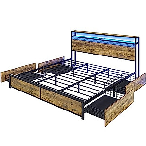 ADORNEVE King Size Bed Frame with Drawers, LED Bed Frame with 2 Tier Storage Headboard and LED Lights, Metal King Platform Bed with Charging Station, Double-Row Support Bars, Noise-Free, Vintage Brown