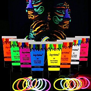 Depvision Glow in the Dark UV Face and Body Paint 8 x 20 ml (0.68 fl oz) Neon Blacklight Reactive Fluorescent for Christmas Halloween Party Non-toxic