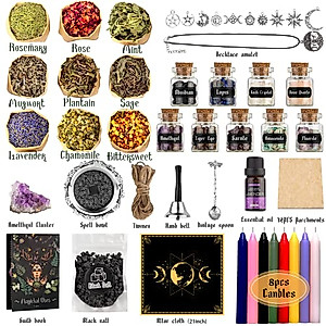 Witchcraft Supplies Kit for Spells, 57 PCS Witch Box Include Dried Herb Crystal Jar Candles Amethyst Cluster Parchment, Wiccan Supplies and Tools, Beginner Witchcraft Kit Witch Stuff for Pagan Rituals