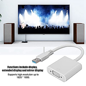 Mini USB to VGA Adapter, USB to VGA Cable Adapter Converter, USB 3.0 to VGA Adapter Cable for Computer (White)