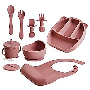 Pink Baby Feeding Set – Baby Feeding Supplies Set with Bib, Sippy Cup, First Stage Toddler Utensils, Suction Bowl, Divided Plate, Baby Spoon and Fork – Food-Grade Silicone Baby Led Weaning Supplies