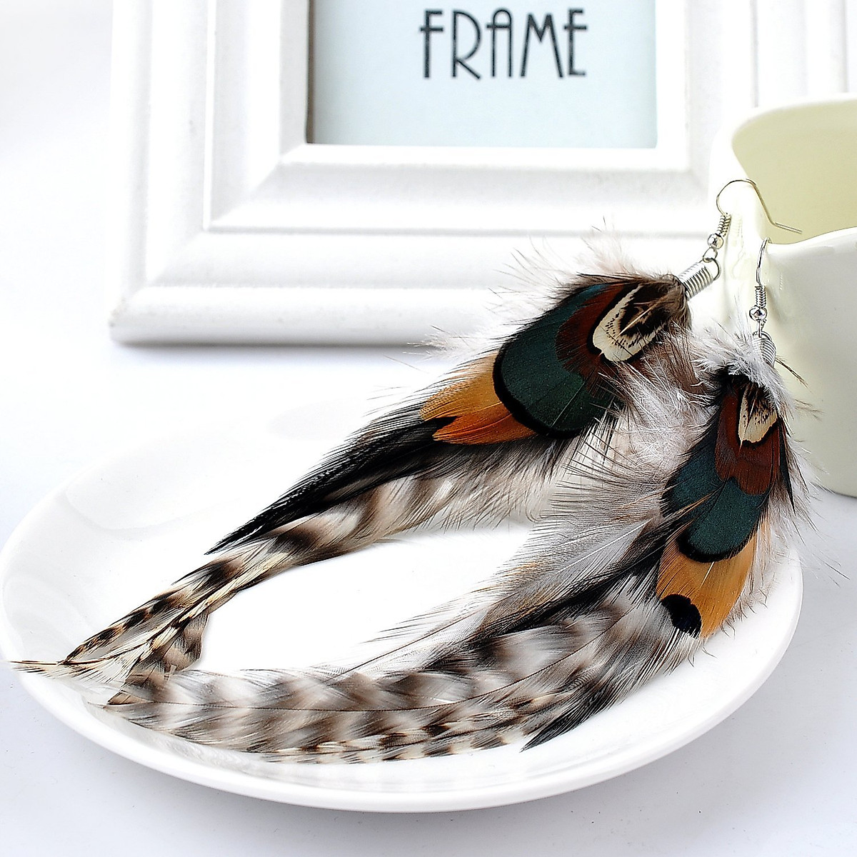 Lureme Bohemian Style Multicolor Pheasant Feathers Dangle Earrings for Women(02004768)