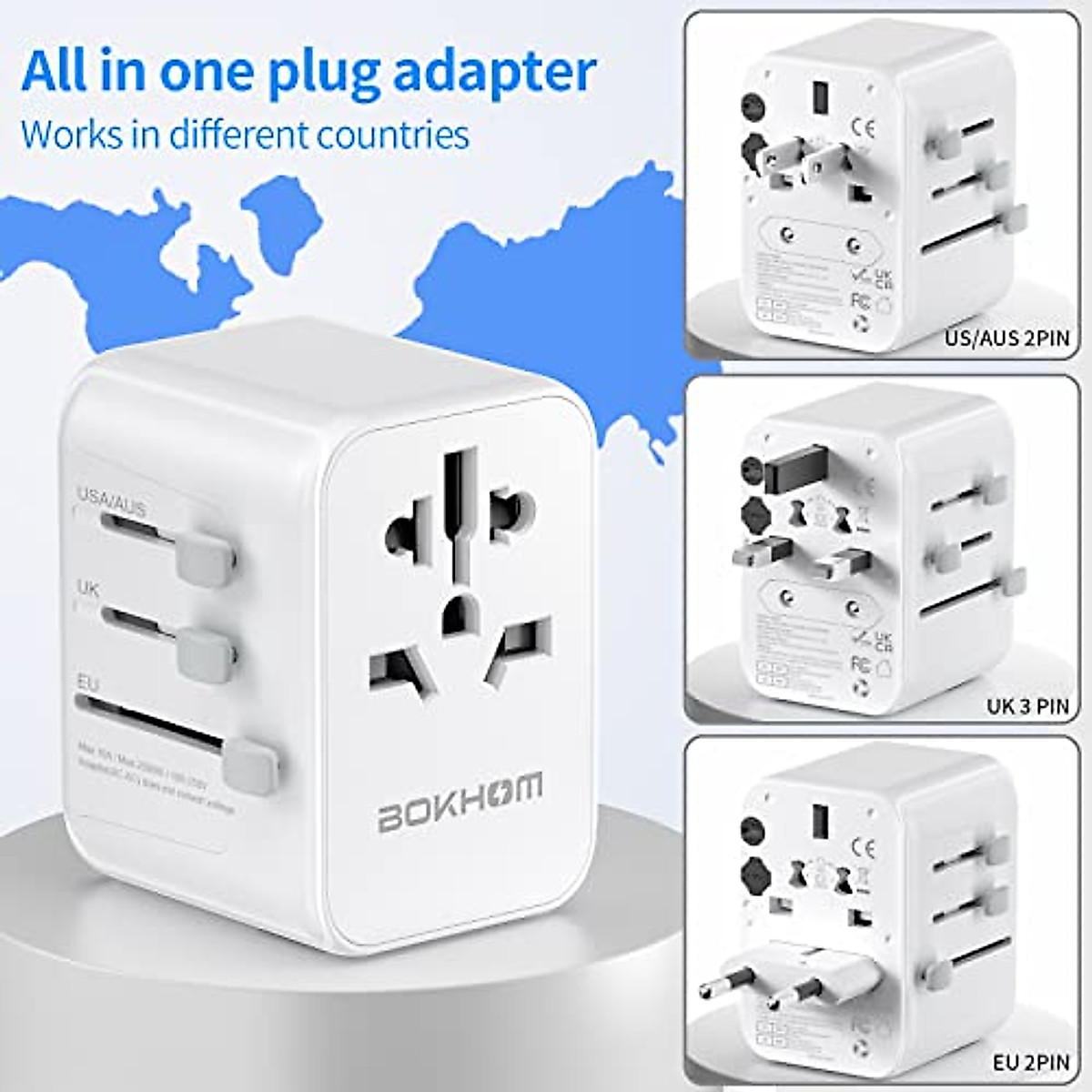 Universal Travel Adapter with USB C PD 30W Fast Charging, BOKHOM International Travel Adapter with 3 USB C and 2 USB-A, Dual 10A Fuses Travel Adapter Worldwide Travel Charger for EU UK US AU
