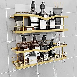 MZF 2-Pack Shower Caddy, No Drilling Adhesive Shower Shelf, Rustproof Stainless Steel Bathroom Shower Organizer Storage, Shower Shelf for Inside Shower & Kitchen Storage, Gold