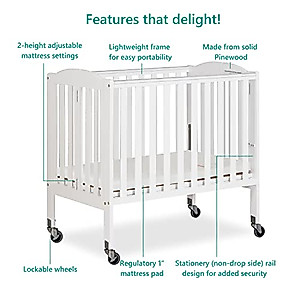 Dream On Me 2-In-1 Portable Folding Stationary Side Crib In White, Greenguard Gold Certified, Two Adjustable Mattress Height Positions,Made Of Solid Pinewood, Flat Folding Crib