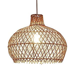 LATAFA Rattan Cage Chandelier Handmade Lamp Shade Light Fixture Ceiling Wicker Woven Pendant Light Adjustable Height Indoor Rattan Woven Hanging Lamp for Dining Room Bedroom Kitchen Island
