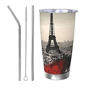 Paris Tumbler with Lid and Straw 20oz Stainless Steel Car Cup for Hot and Cold Drinks, Double Wall Insulated Travel Coffee Mug Reusable Drink Thermos Cup Birthday Gifts