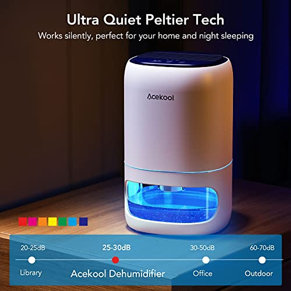 Acekool 35oz Dehumidifier Small Dehumidifier 2 in 1 with 7 Colorful Lights, Low Energy Portable Small Air Dehumidifiers for Home Bedroom Bathroom, Auto-off & Timer Function, Ultra Quiet 25dB, White
