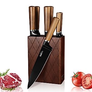 KOFERY Professional 6-Piece Kitchen Knife Set with Block, All Stainless Steel Ergonomic Handle, Sharp Kitchen Knives for Cooking (Black)