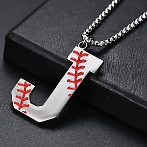 VEEHOO Baseball Necklace for Men Boys,Initial A-Z Letter Baseball Jewelry Pendant Baseball Gifts for Boys Boyfriend Coach Dad (Silver, J)