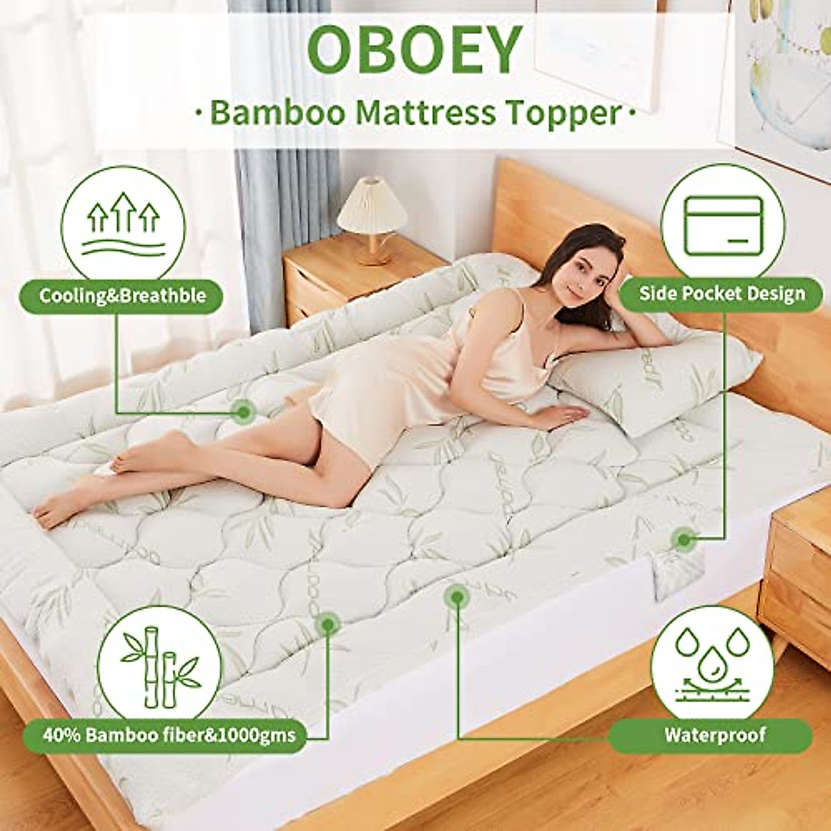 Bamboo Mattress Topper with 1 Pillow Protector, Side Pocket, Waterproof Mattress Protector, Cooling Extra Thick Breathable Mattress Pad Cover,8-21” Deep Pocket- Queen