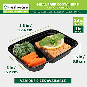 Freshware Meal Prep Containers [15 Pack] 2 Compartment with Lids, Food Storage Containers, Bento Box, BPA Free, Stackable, Microwave/Dishwasher/Freezer Safe (32 oz)