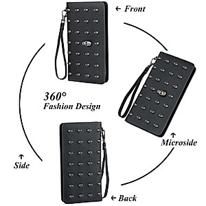 Women's Wallet Large PU Leather Clutch Purse Punk Studded Skull Ladies Wallet Credit Card Holder Organizer Wristlet (Skull)