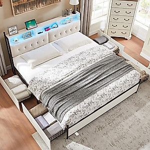 RedLemon King Size Bed Frame with Upholstered Headboard, Modern Farmhouse Wood Metal Platform Bed with Storage Drawers, Charging Station and LED, No Box Spring Needed, Antique White