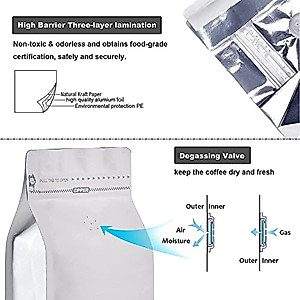 50 Count White Kraft Paper Coffee Bags, High Barrier Stand Up/Flat Bottom Zip Coffee Pouch with Air Release Valve and Reusable Pull Tab Side Zipper (50 Pieces, 12oz/0.75lb/340gm)