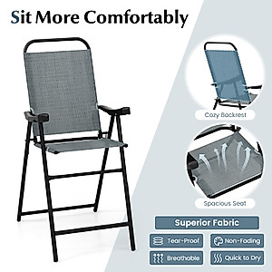 COSTWAY 4 Pieces Patio Folding Bar Chairs, High Top Patio Bar Chair with Metal Frame & Footrest, Outdoor Bar Height Chairs for Balcony, Garden & Poolside, Blue (2, Blue)