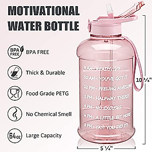 Fimibuke Half Gallon Water Bottle with Sleeve 64 OZ Water Bottle with Handle & Straw Leakproof Motivational Sports Gym Water Bottle with Time Marker BPA Free Water Jug with Neoprene Holder - Rose Pink