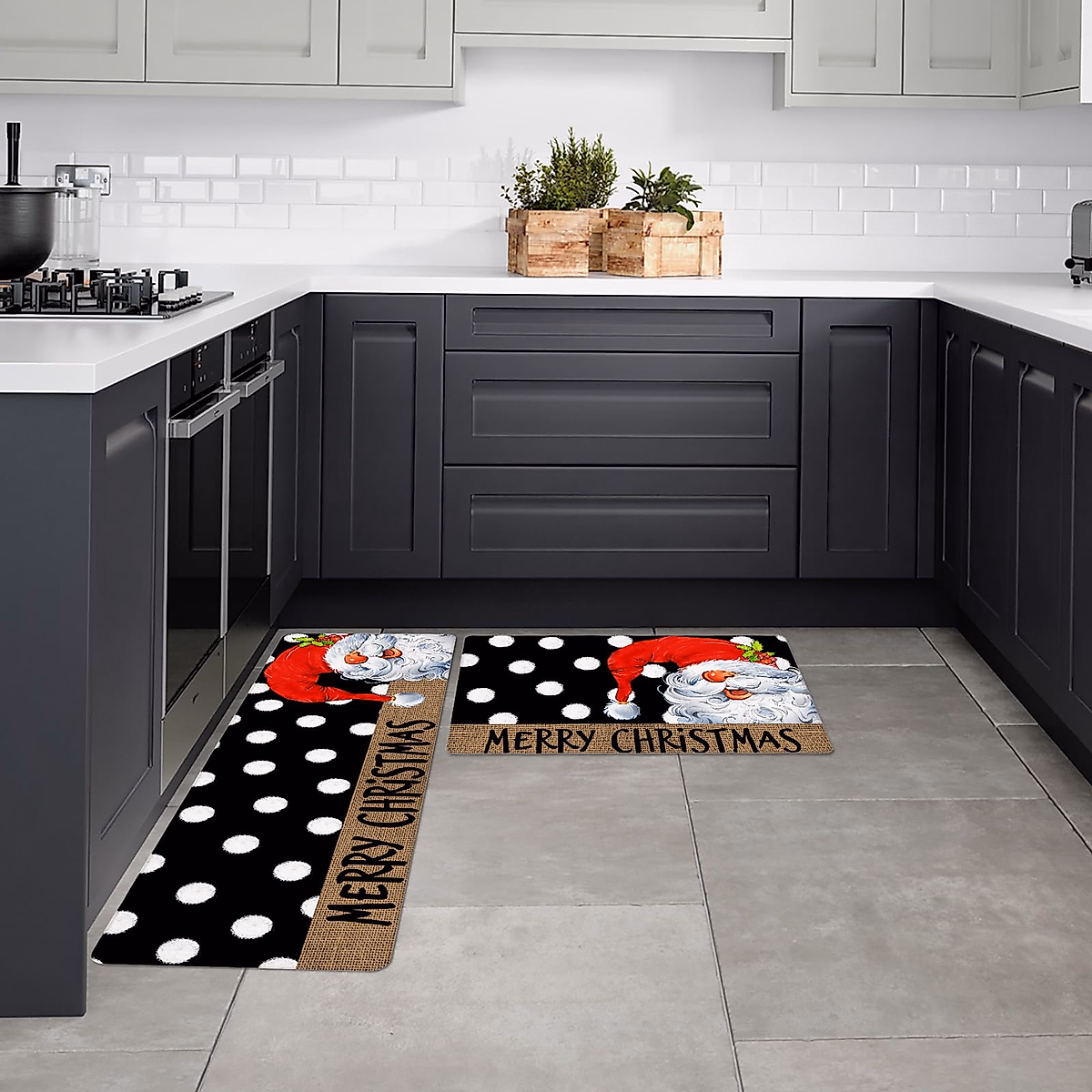 Libaoge Merry Christmas Kitchen Mat Rug Set of 2 Gnome Wearing A Red Hat Black Runner Rug Anti-Fatigue Comfort Memory Foam Standing Mat Non-Slip Floor Door Mat for Bathroom Bedroom 18x30in+18x48in
