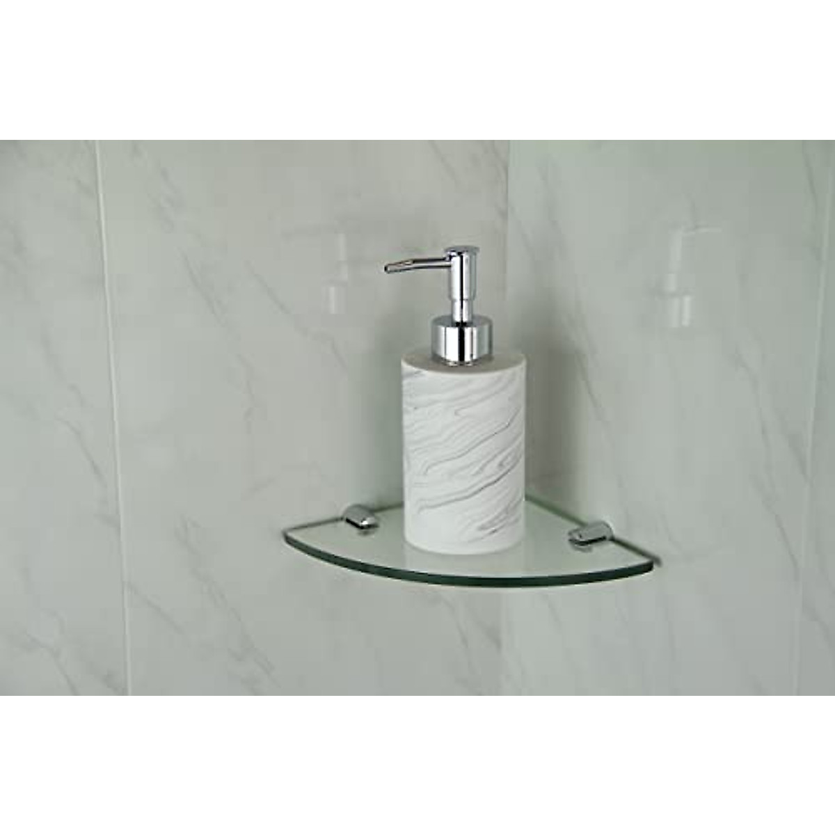 BSM Marketing 5 5/6", 1/4" Thickness Toughened Glass Corner Shelf for Bathroom Bedroom Office with Chrome Finish Shelf Supports