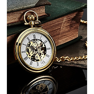 Stuhrling Original Men's Pocket Watch Stainless Steel Analog Skeleton Watch Hand Wind Mechanical Movement Stainless Steel Chain (Silver) (Gold)