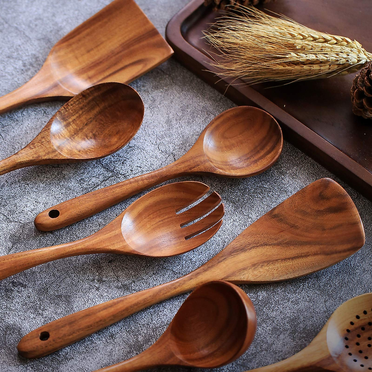 Wooden Non-Stick Kitchen Pan Toolset 7 Pieces Set,100% Natural Teak Kitchen Utensils Spatula, Wooden Cooking Utensils Spoons, Fried Spatula and Salad Fork