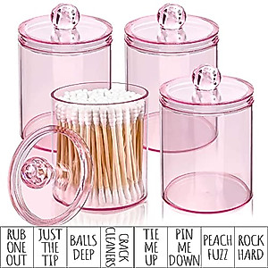 TUZAZO 4 Pack Qtip Holder Apothecary Jars with Lids, 10 oz Bathroom Organizer Storage Canister Set for Cotton Ball Holder, Cotton Swabs, Cotton Round Pads, Floss, Hair Ties and Hair Pins, Bathroom Decor Containers (Clear Pink)