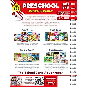 School Zone Write & Reuse Workbook for Preschool: Reusable Wipe-Clean Spiral Bound Learn and Practice Writing Book, Dry Erase Marker, ABC’s, Shapes, and More