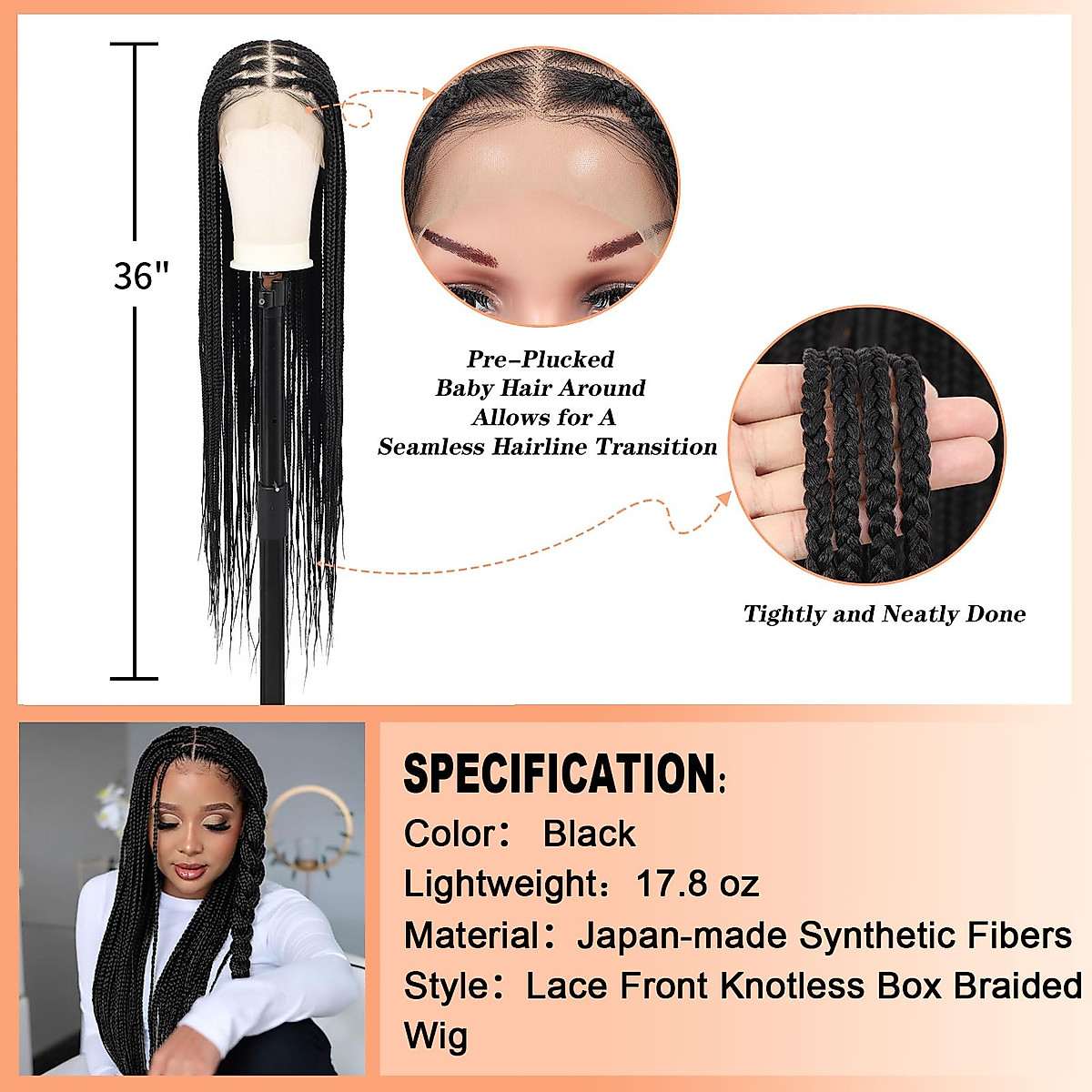 Brinbea 36 inch 13X8" HD Lace Front Braided Wigs Knotless Braided Wigs for Women Box Braid Wig with Baby Hair Human Hair Blended Braided Wigs Long Black