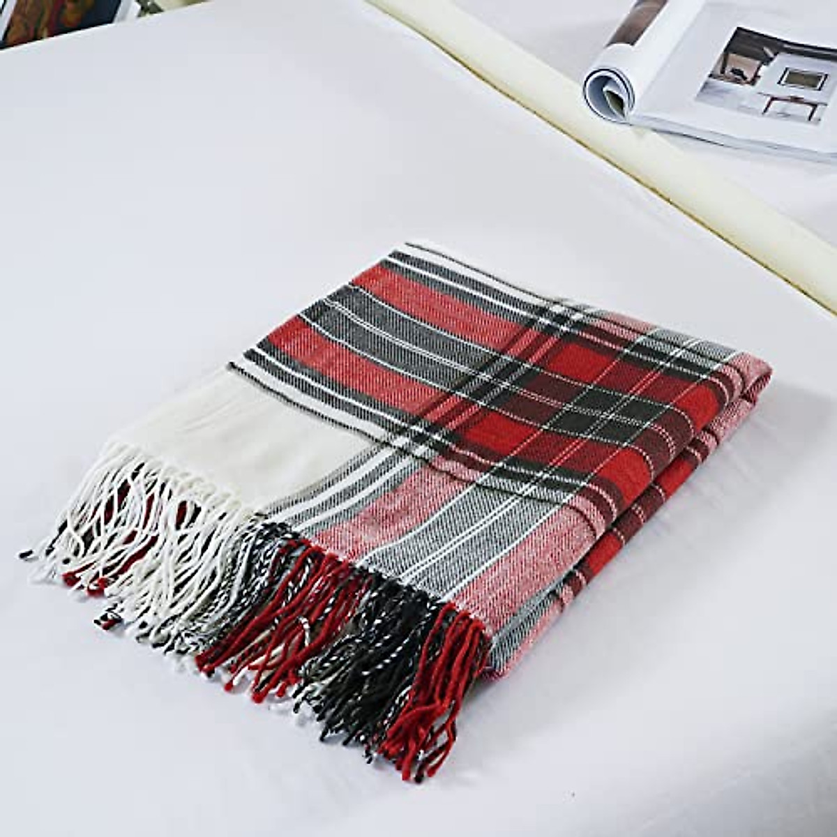 Bangya Acrylic Plaid Throw Blanket with Decorative Fringe for Travel，Bed, Sofa, Couch,Office (Red, 50inch x 60inch)