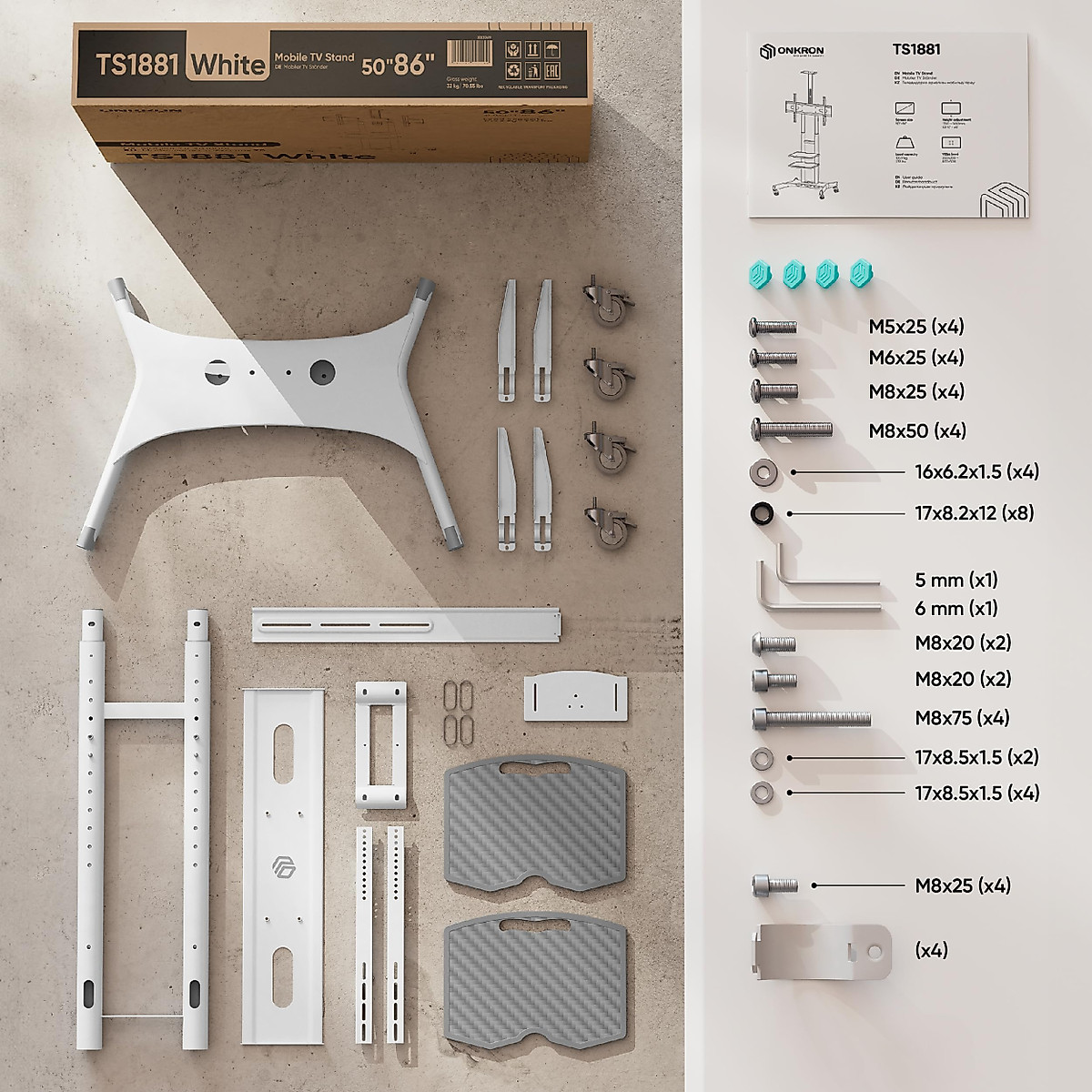 ONKRON Mobile TV Stand on Wheels for 50-86 Inch TVs up to 200 lbs, Height Adjustable TV Stand Portable max VESA 800x500 TV Moving Stand/Rolling, Mobile TV Cart with Shelves White