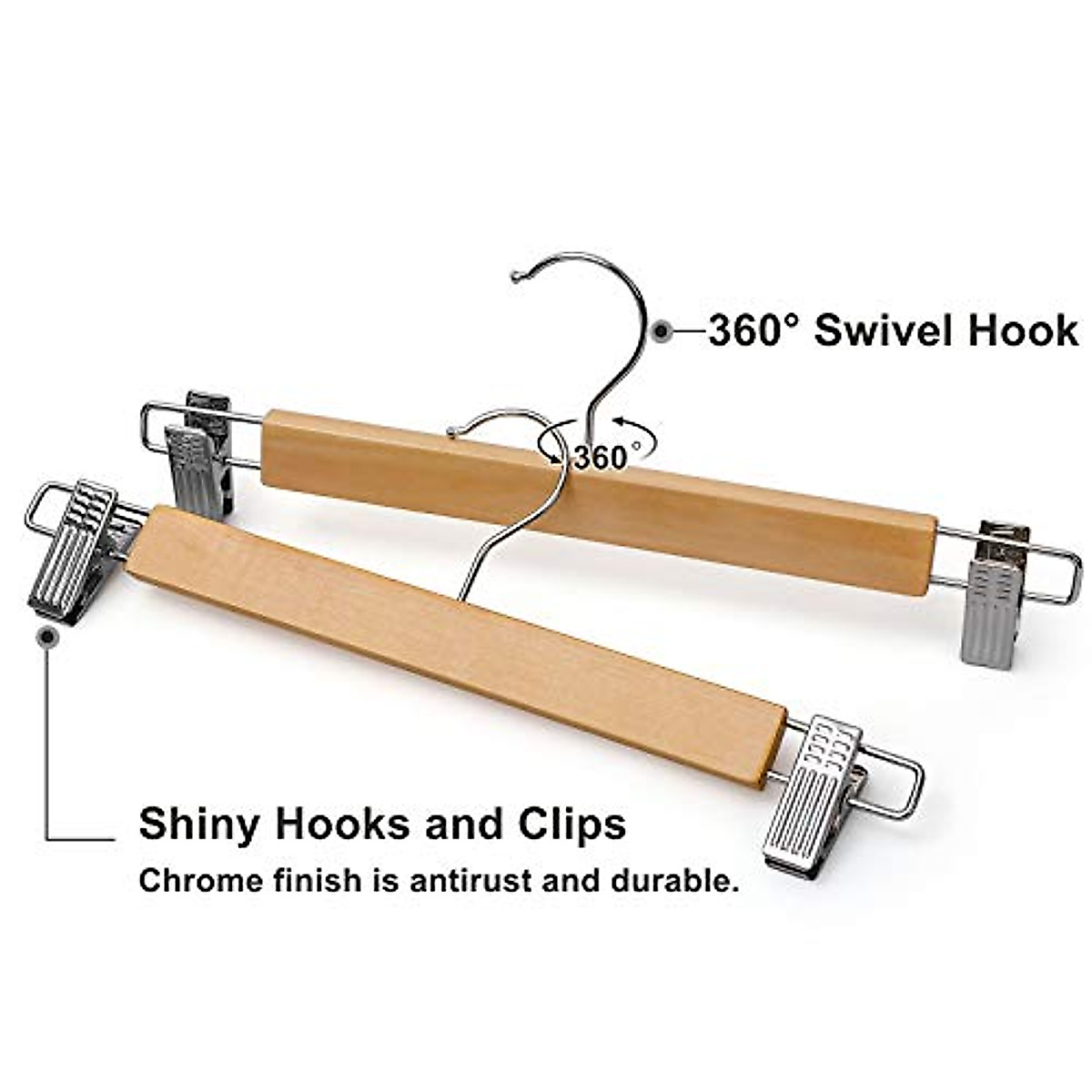 SONGMICS Wooden Pants Hangers 12 Pack, Pants Hangers with Clips, Adjustable Anti-Rust Metal Clips, 360° Swivel Hook, Skirt Hangers for Pant, Skirts, Natural Grain UCRW008-12, 13.4 x 0.5 x 4.9 Inches