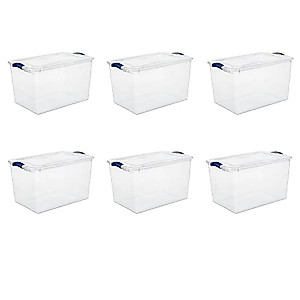 66 Qt. Plastic Storage Bin Organizing Container With Durable Lid, Stackable and Nestable Snap Lid Plastic Storage Tote Bin, 6 Pack, Clear With Gray Buckle