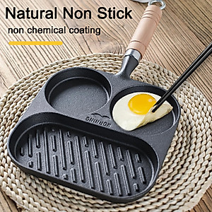 JUSTUP Nonstick Frying Pan,3-Section Cast Iron Egg Pan Divided Pan with Wooden Handle,3-in-1 Versatile Breakfast Pan,Mini Skillet Pan for Egg,Steak and Burgers (Black)