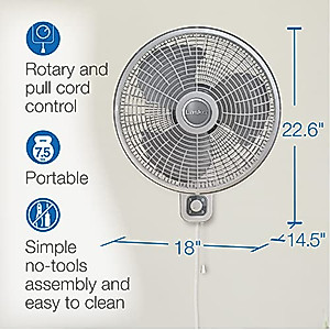 Lasko 16" 3-Speed Oscillating Wall Mount Fan for Indoor Use, M16900, Light Grey
